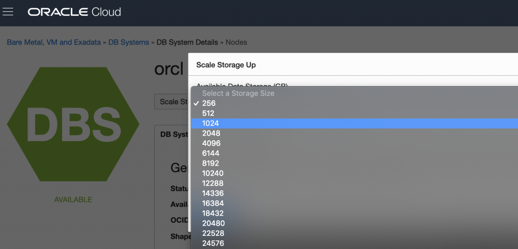 Oracle OCI Database service storage allocation. – Running in the clouds